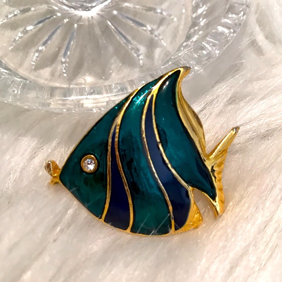Jewelry | Vintage 198s Enamel Angelfish Brooch Pin Gold Tone With Blue ...